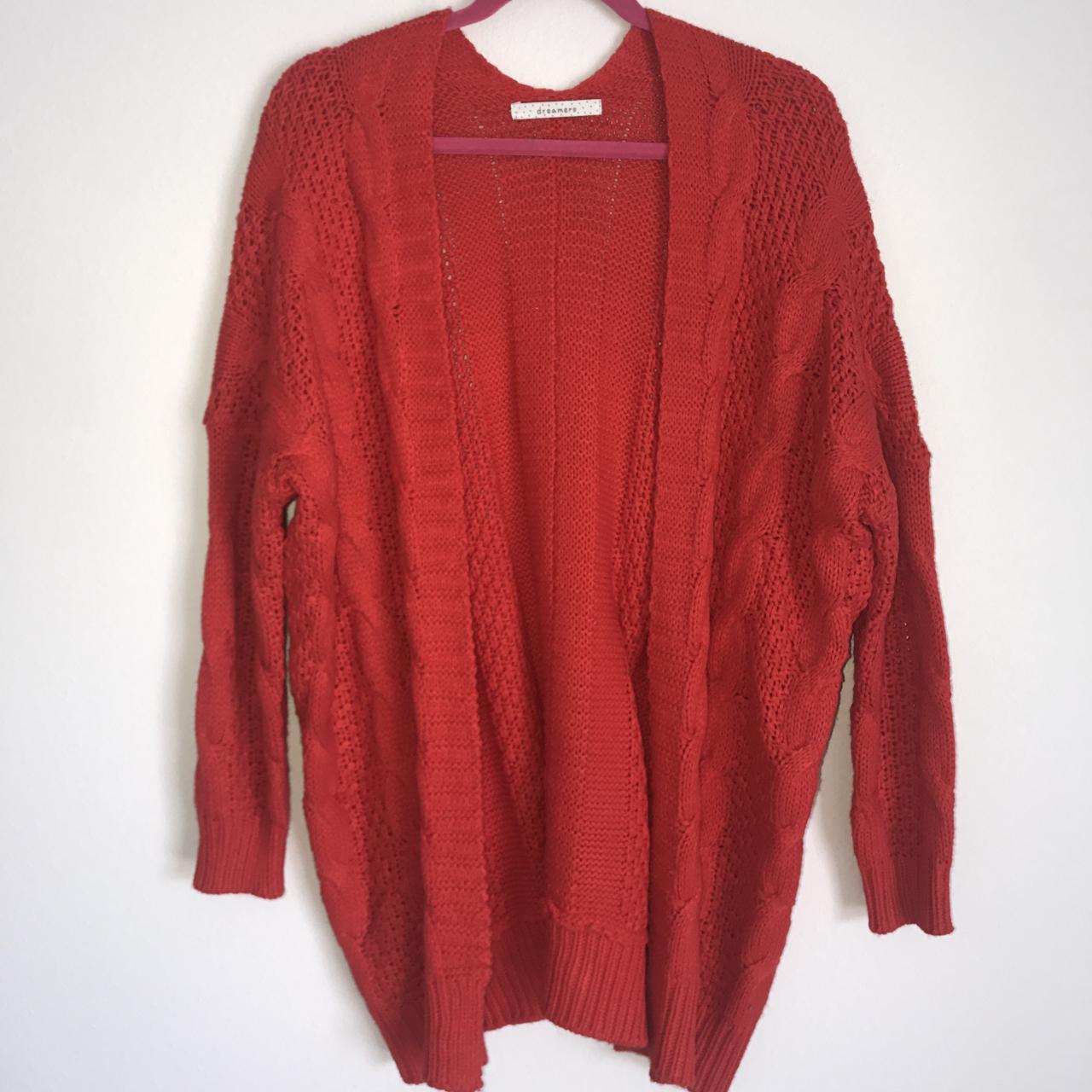 red oversized chunky knit cardigan. will fit size... | Depop