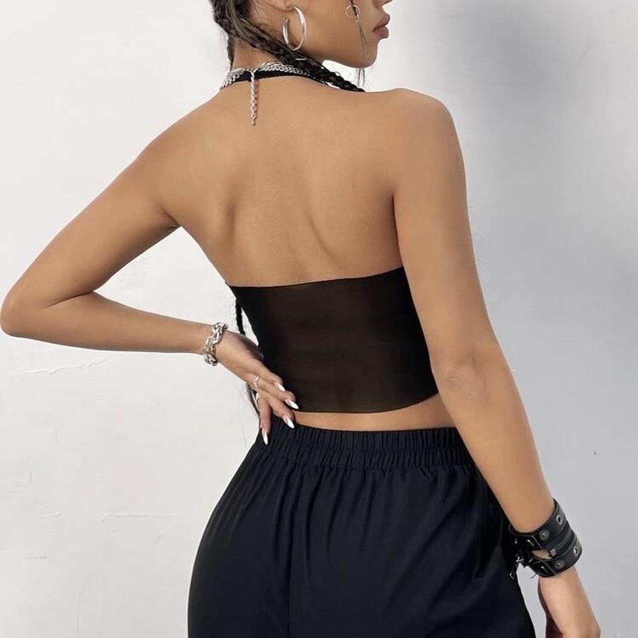 Shein Rhinestone Letter Backless Crop Mesh Halter... - Depop