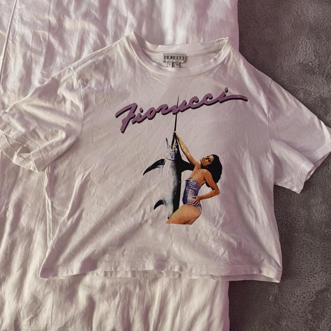 Fiorucci swordfish white crop top t shirt, gently... - Depop