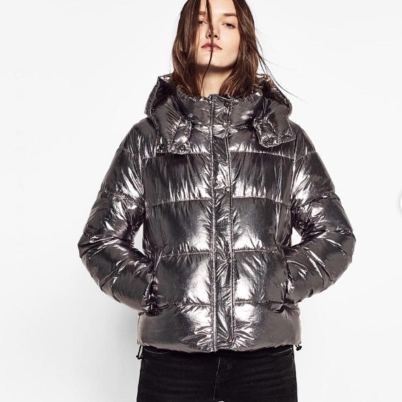 NWT Zara Metallic Silver Puffer Jacket Removable... - Depop