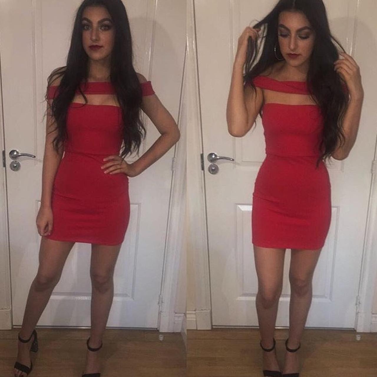 Cut out panel bardot bodycon red dress, very... - Depop