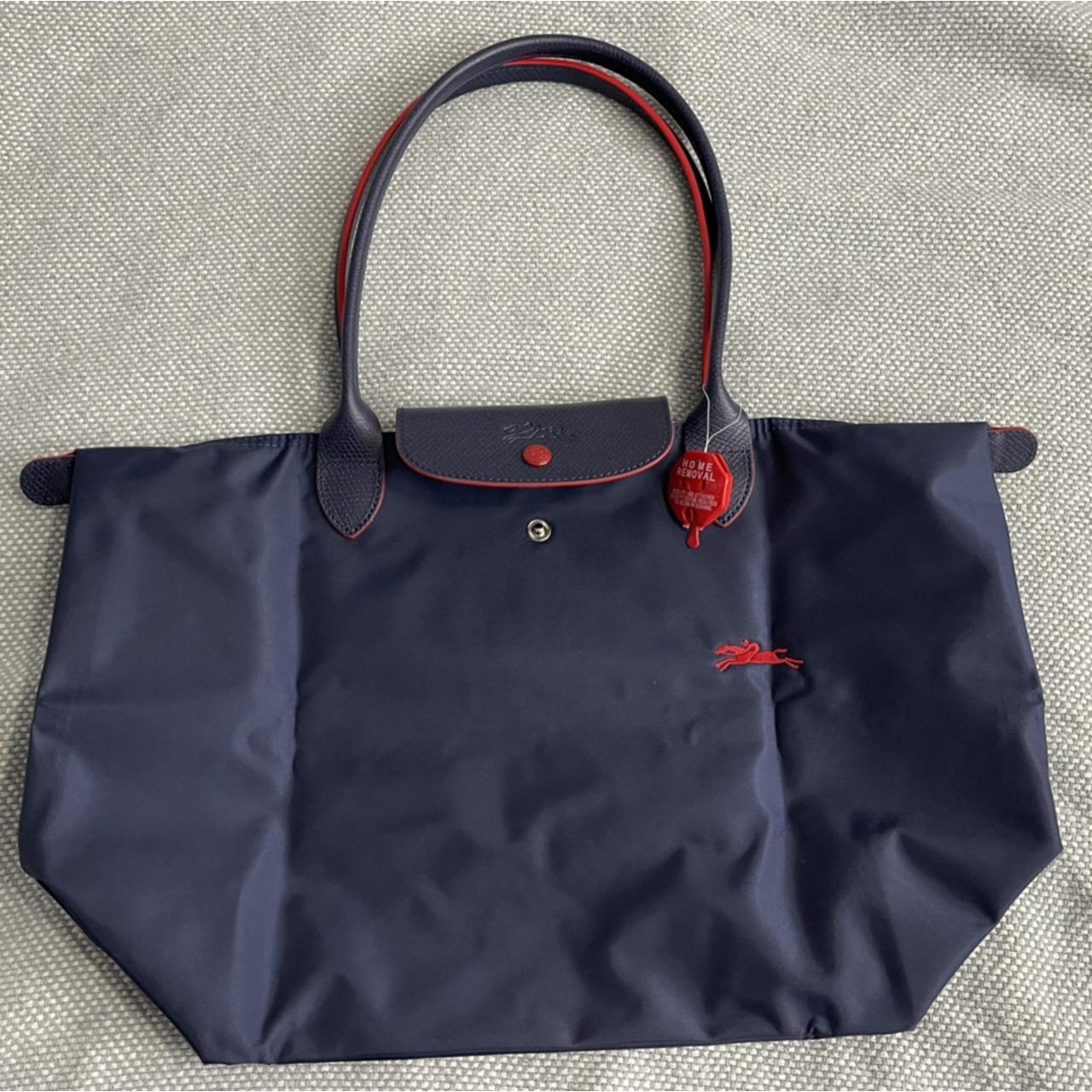 longchamp le pliage club large tote in navy/red!... - Depop