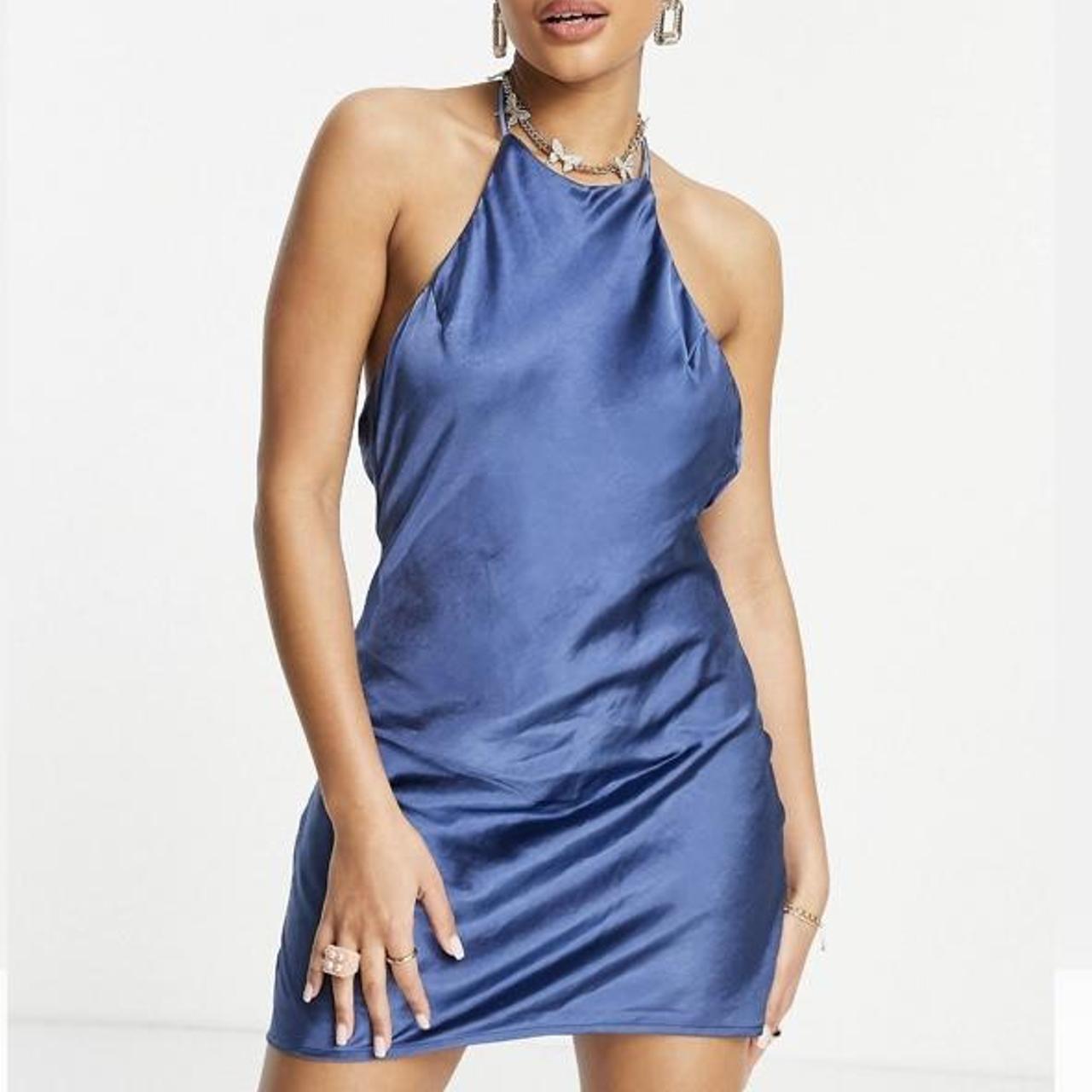 Blue satin halter neck dress Beautiful cowl back... - Depop