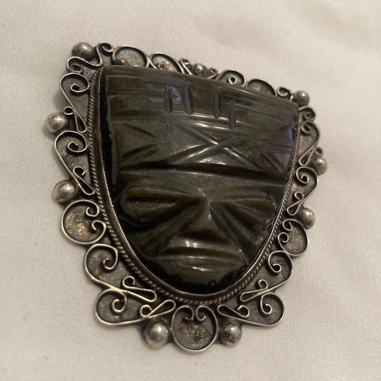 Stone and Silver Tiki Head Pendant Pin Rare... - Depop