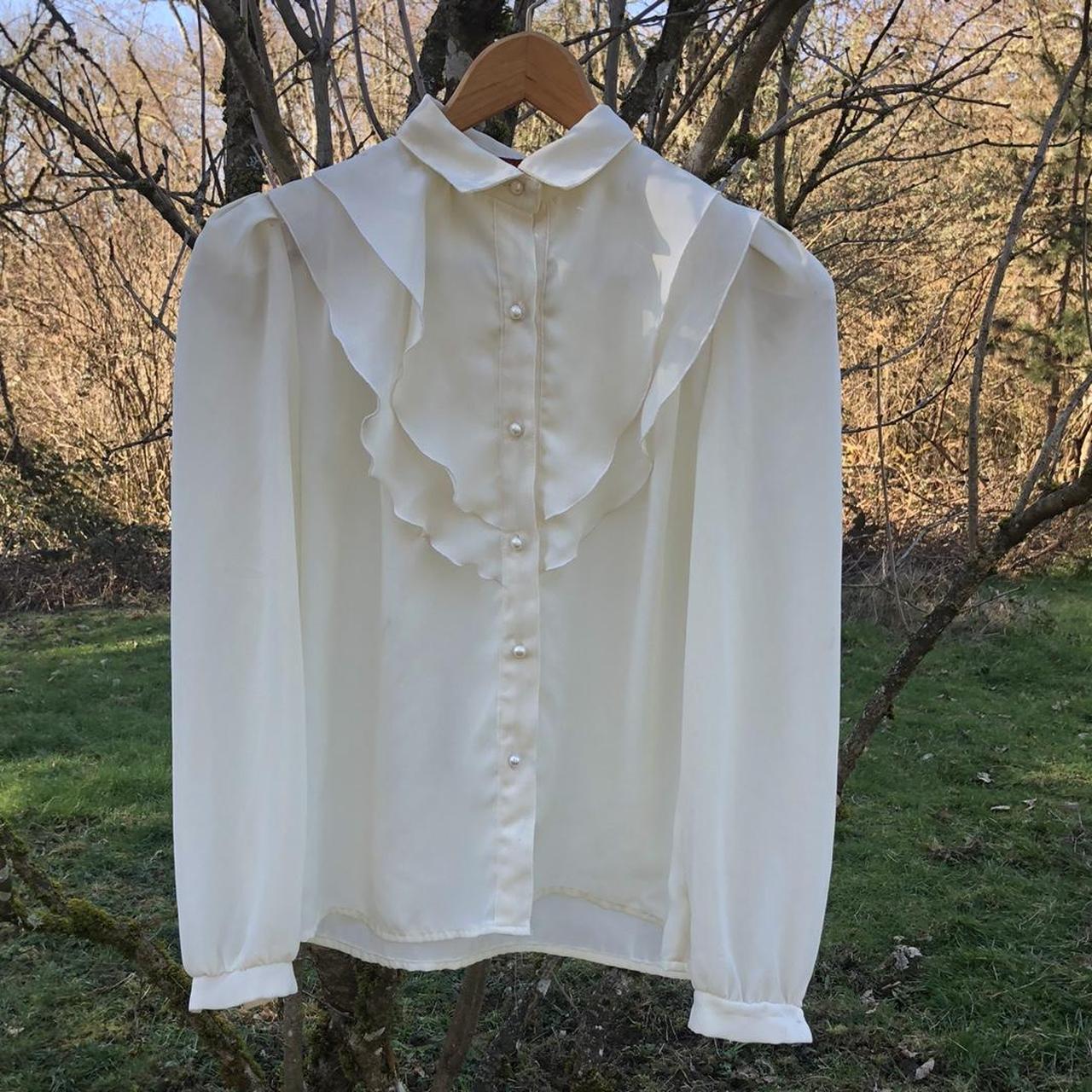 (((VINTAGE))) SHEER CREAM RUFFLE BLOUSE - Depop