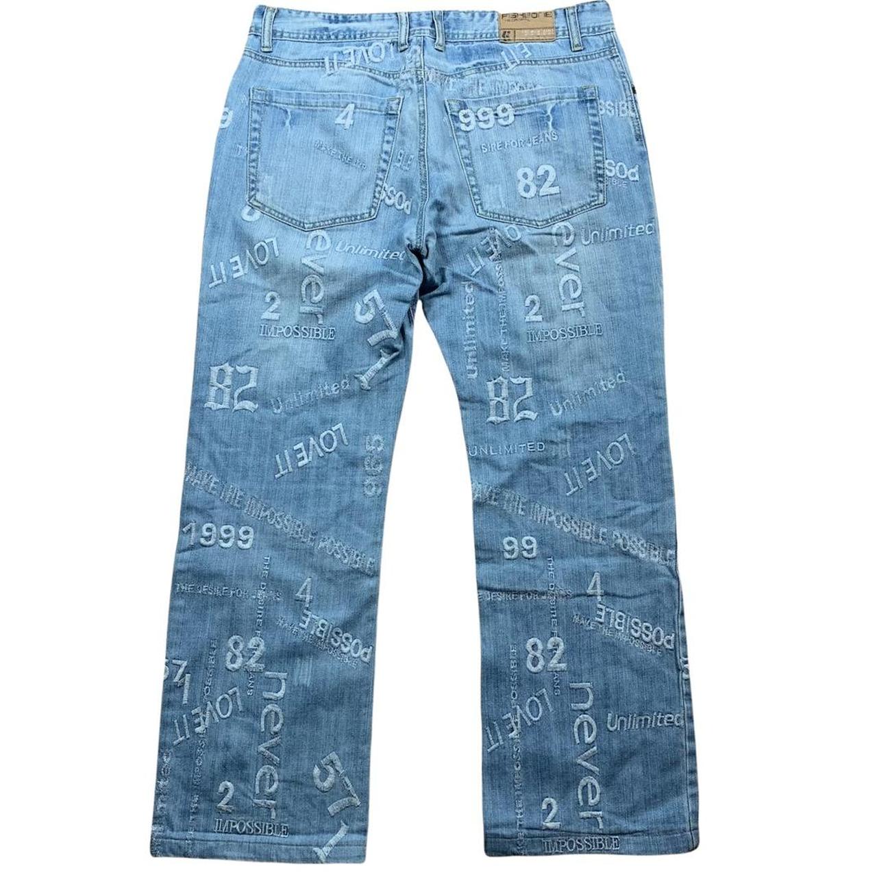FISHBONE OVER PRINT BAGGY JEANS VINTAGE Y2K SKATE... - Depop