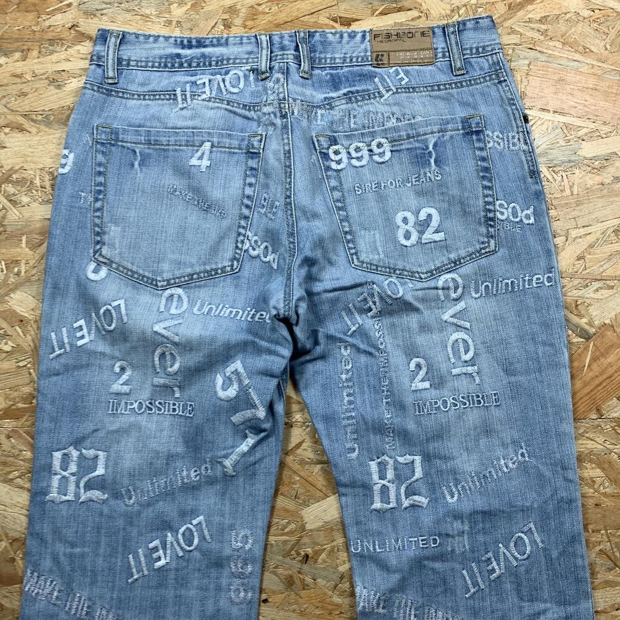 FISHBONE OVER PRINT BAGGY JEANS VINTAGE Y2K SKATE... - Depop