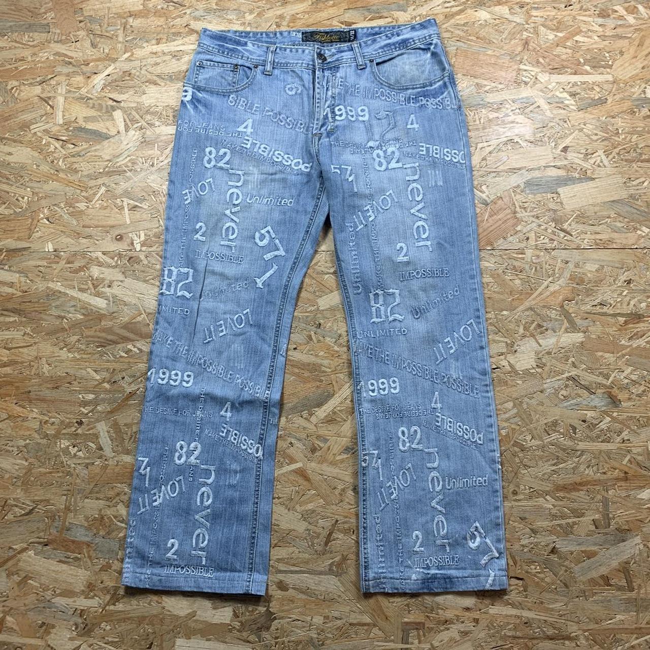 FISHBONE OVER PRINT BAGGY JEANS VINTAGE Y2K SKATE... - Depop