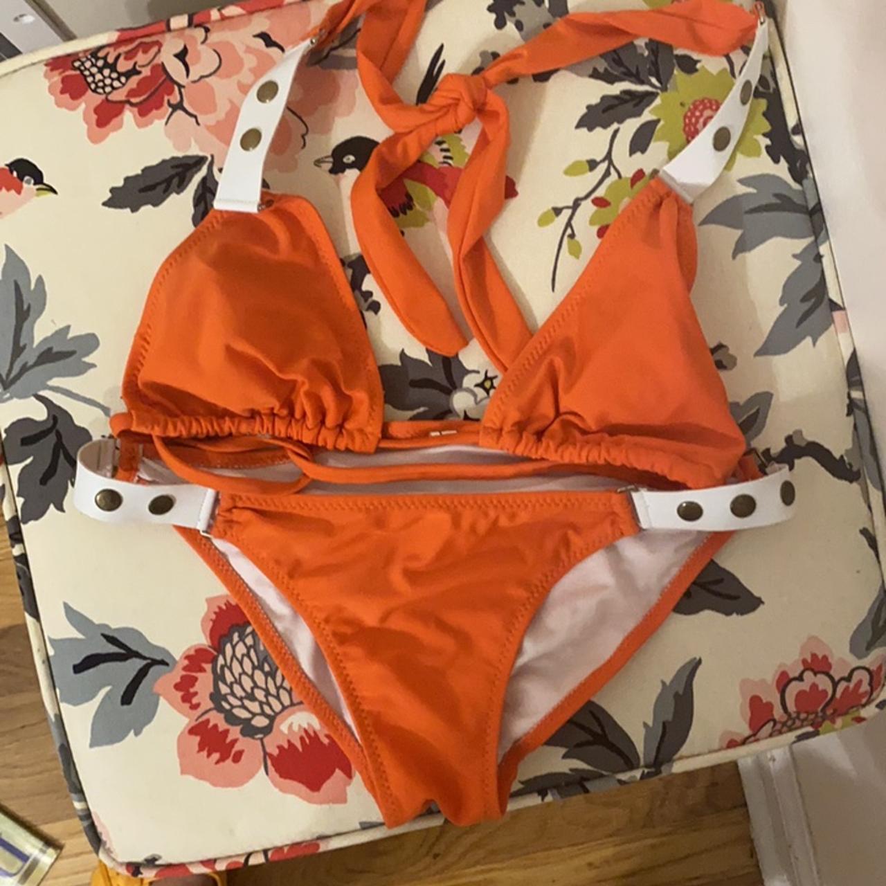 Orange triangle bikini Faux leather grommet... - Depop