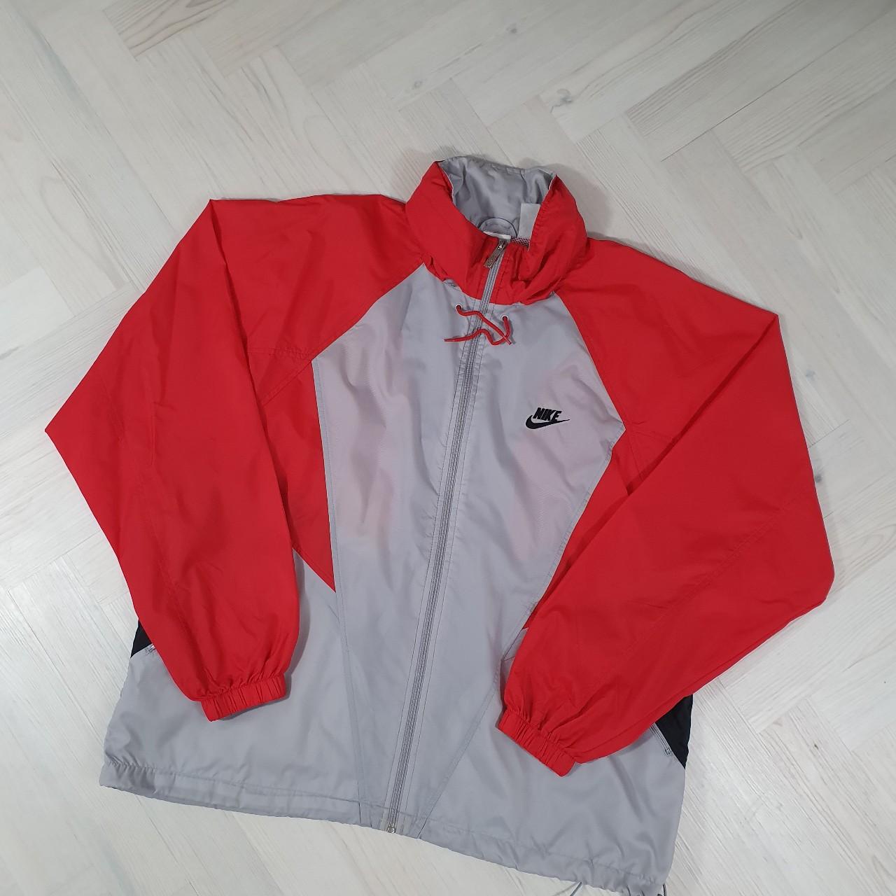 Vintage/Retro grey, red, black Nike shell jacket... - Depop