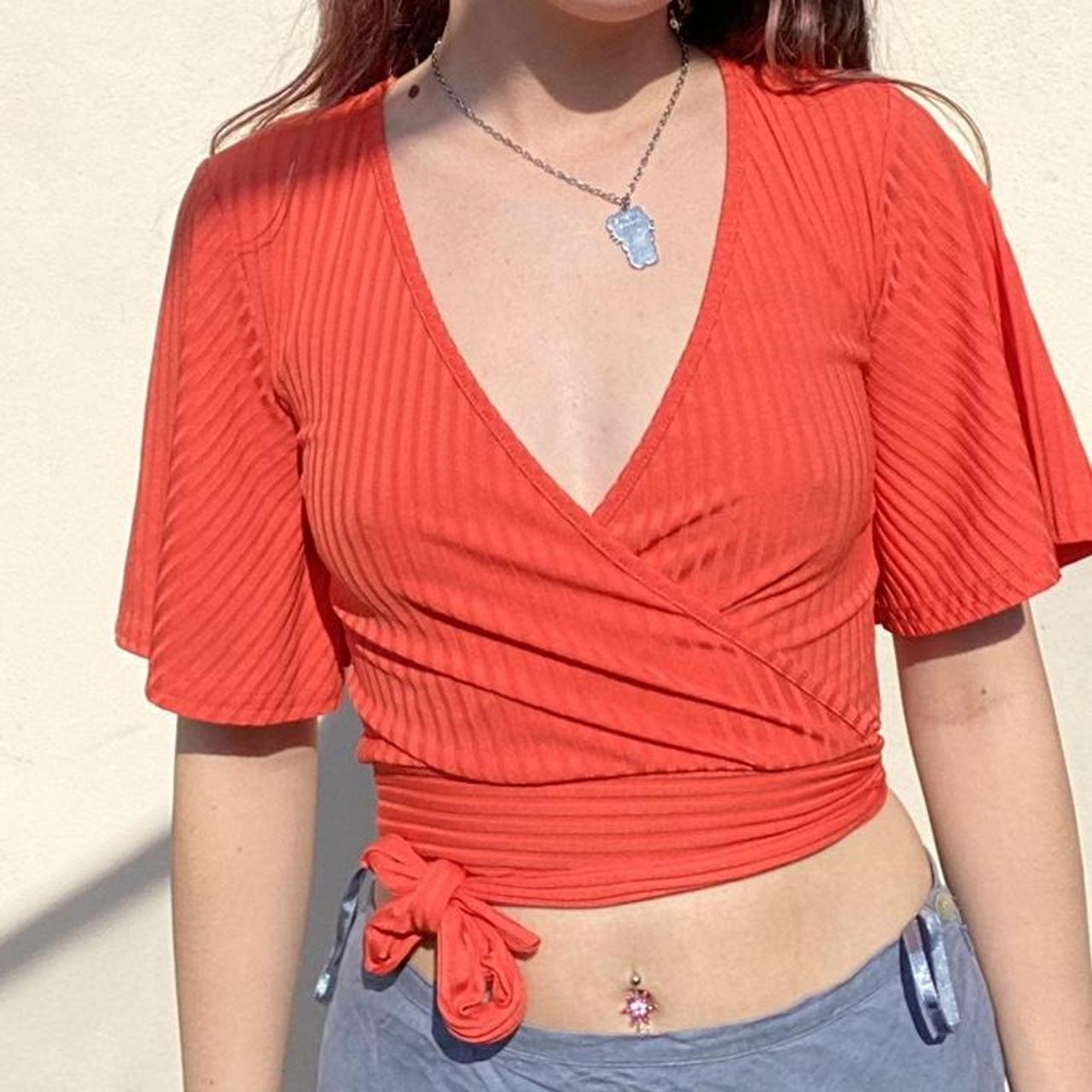 Red / orange wrap top with sleeves good as new... - Depop