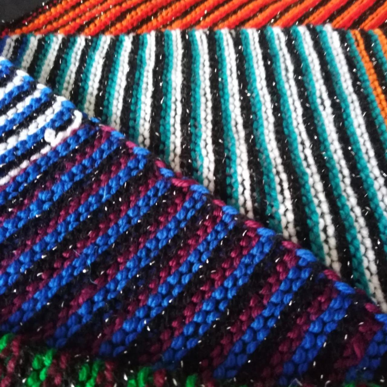 Hand knitted multi-coloured scarf with a sparkle!... - Depop