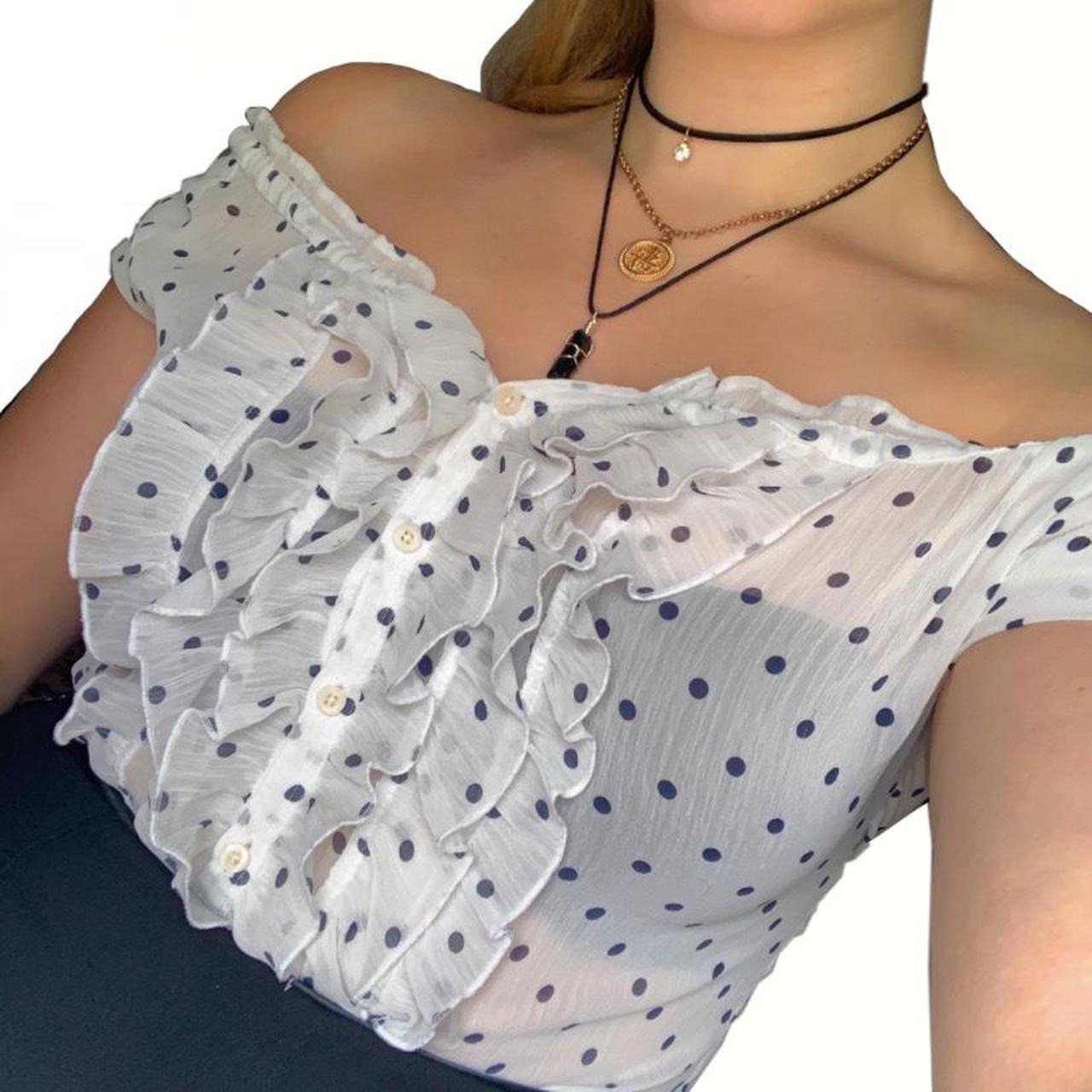 white polka dot ruffle button blouse from Hollister!... - Depop