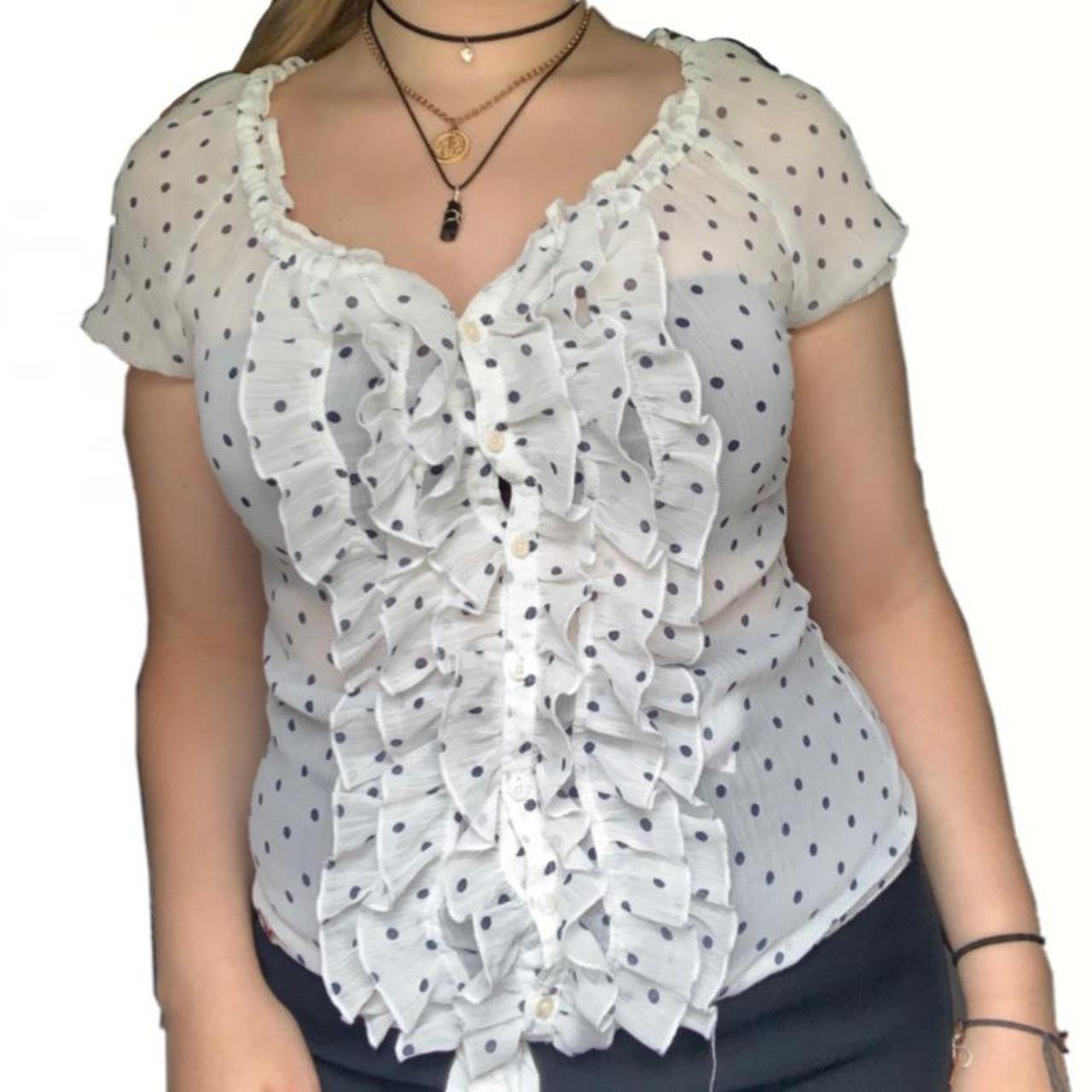 white polka dot ruffle button blouse from Hollister!... - Depop