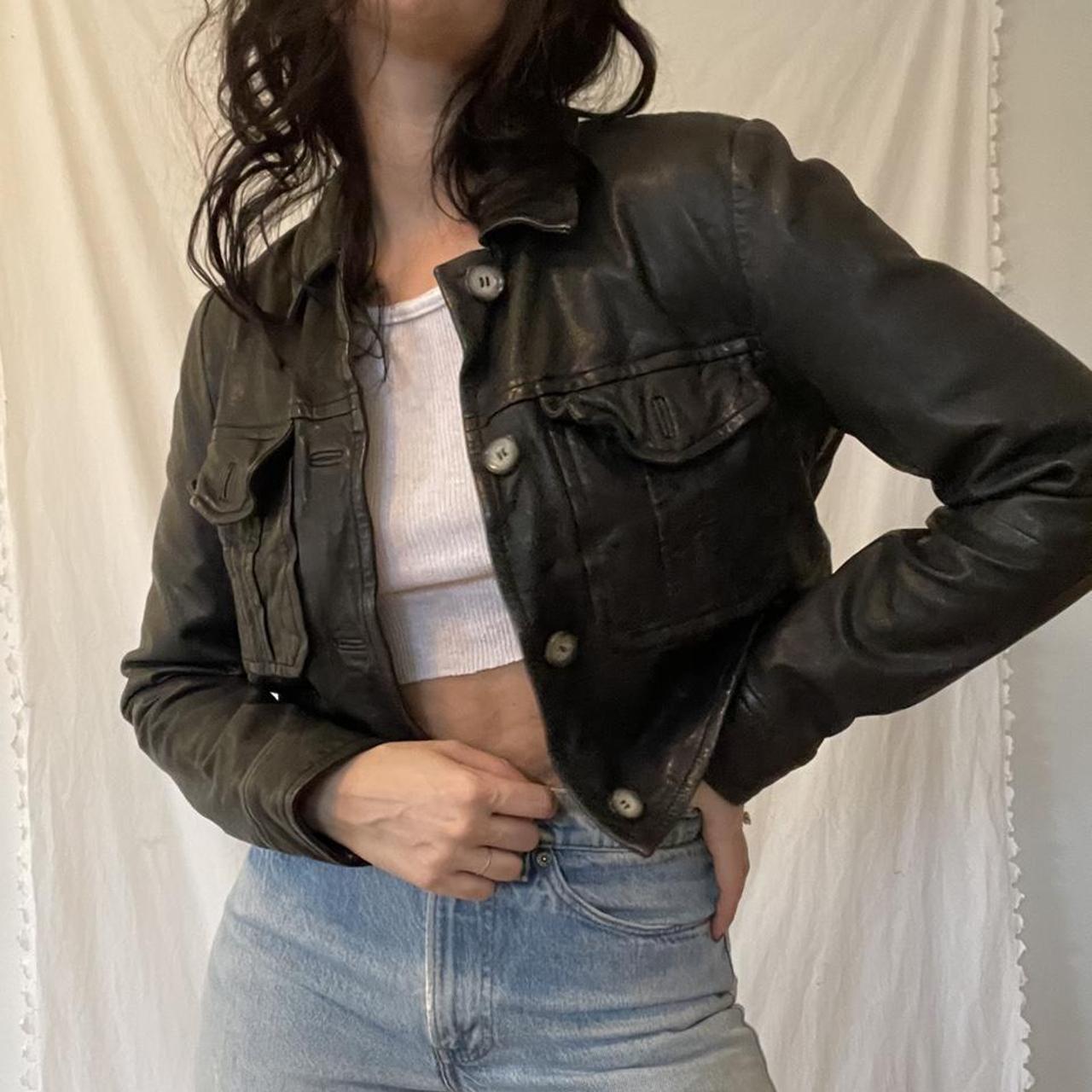 Crop leather jacket. Brand unknown. Genuine soft... - Depop