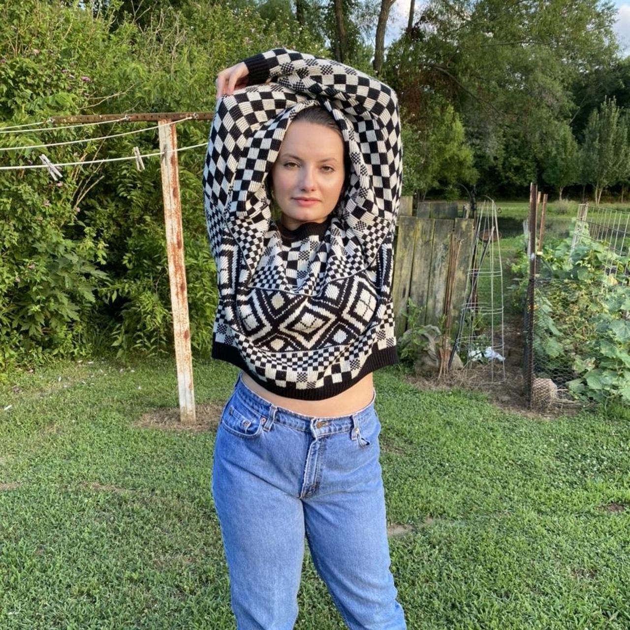 VINTAGE 90’s Checkered Print Trippy Design Knitted... | Depop