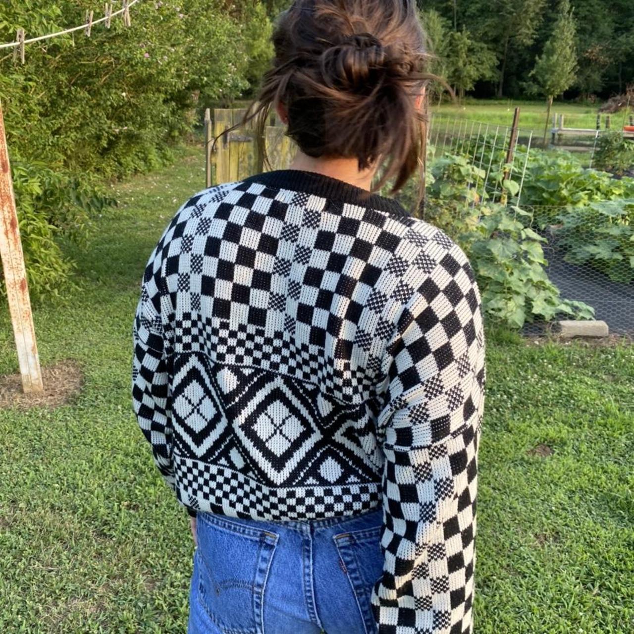 VINTAGE 90’s Checkered Print Trippy Design Knitted... - Depop