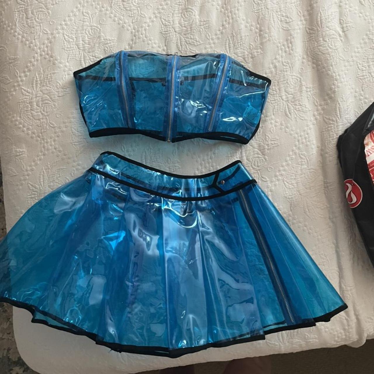 BRAND NEW DOLLS KILL VINYL BLUE PLASTIC SKIRT SET... - Depop