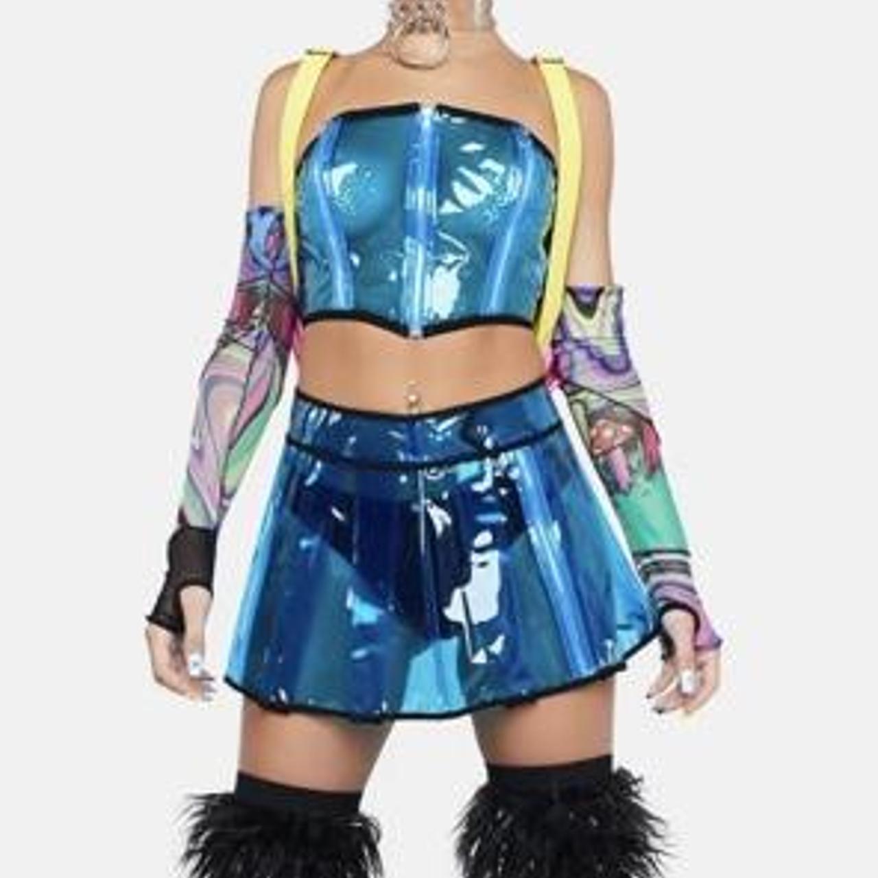 BRAND NEW DOLLS KILL VINYL BLUE PLASTIC SKIRT SET... - Depop