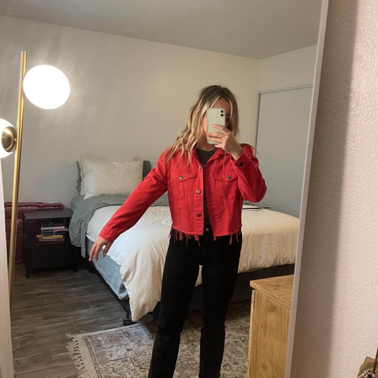 lil red guy Cropped thin red jean jacket - Depop