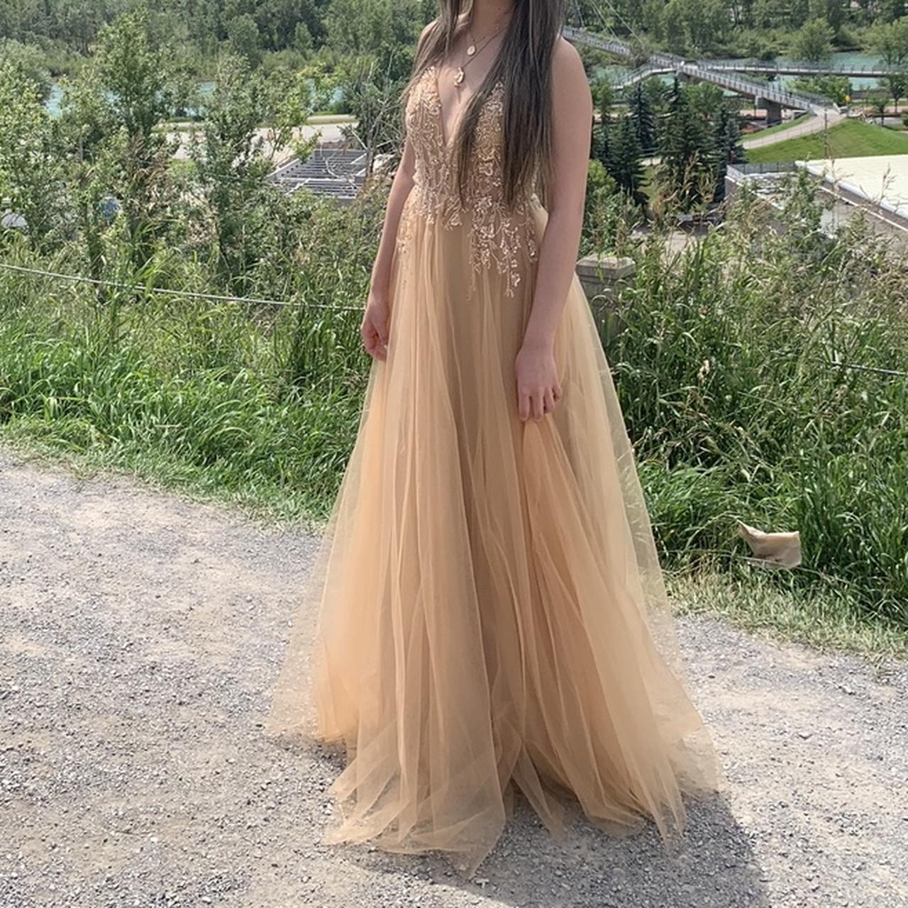 PROM/ GRAD DRESS Beige colour with beading, v... - Depop