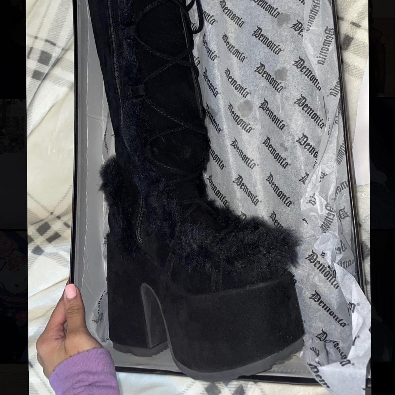 Demonia camel-311 black fur boots Only worn for try... - Depop