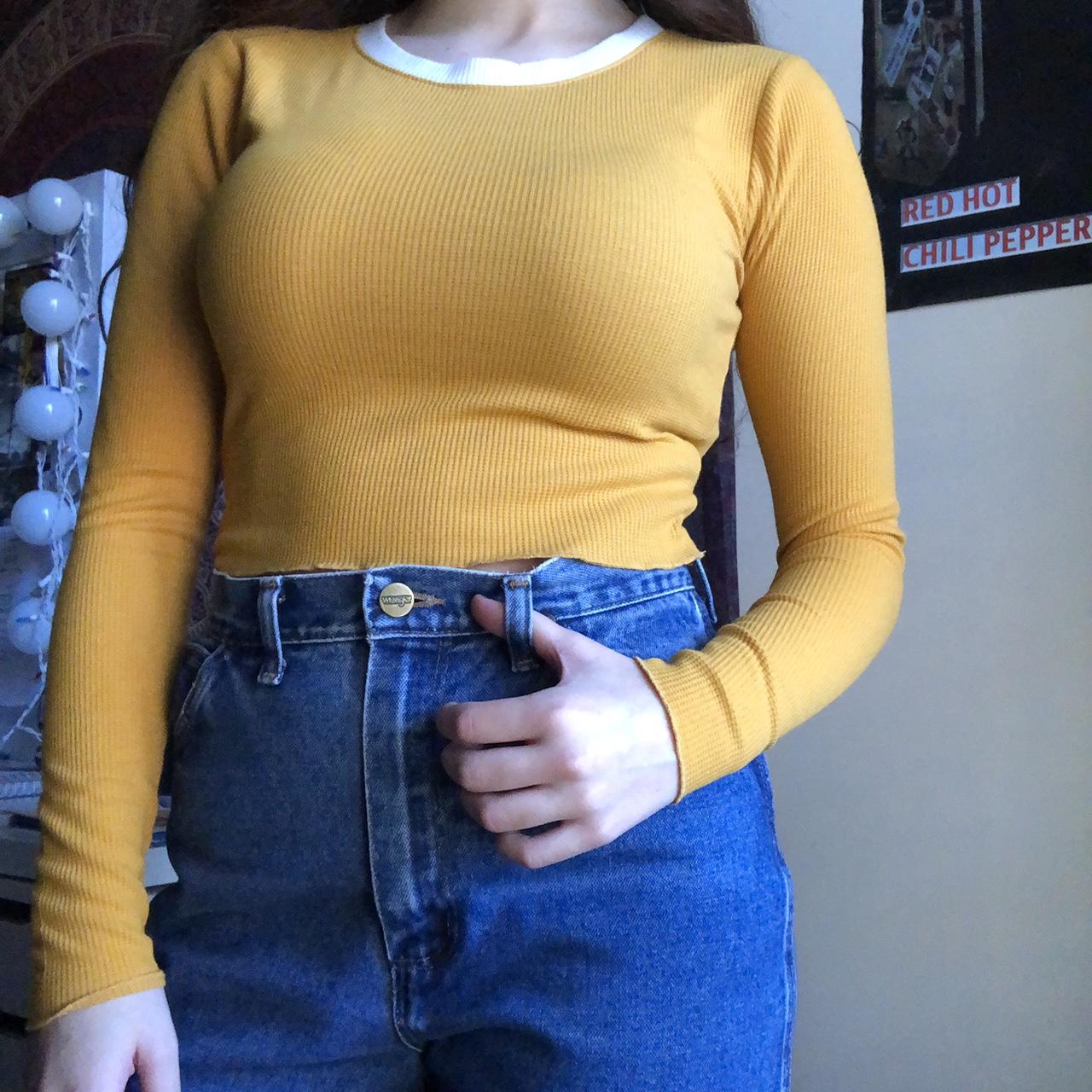 adorable mustard yellow ribbed long sleeved top with... - Depop