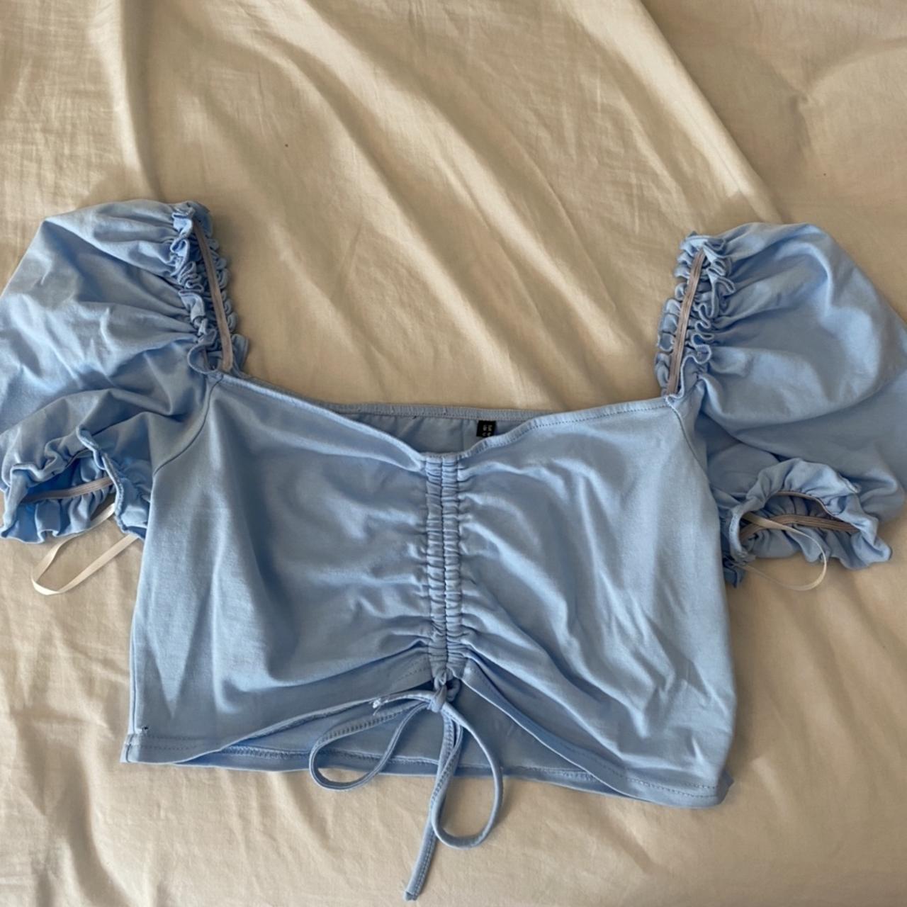 Blue puff sleeve adjustable crop top Size M Worn a... - Depop