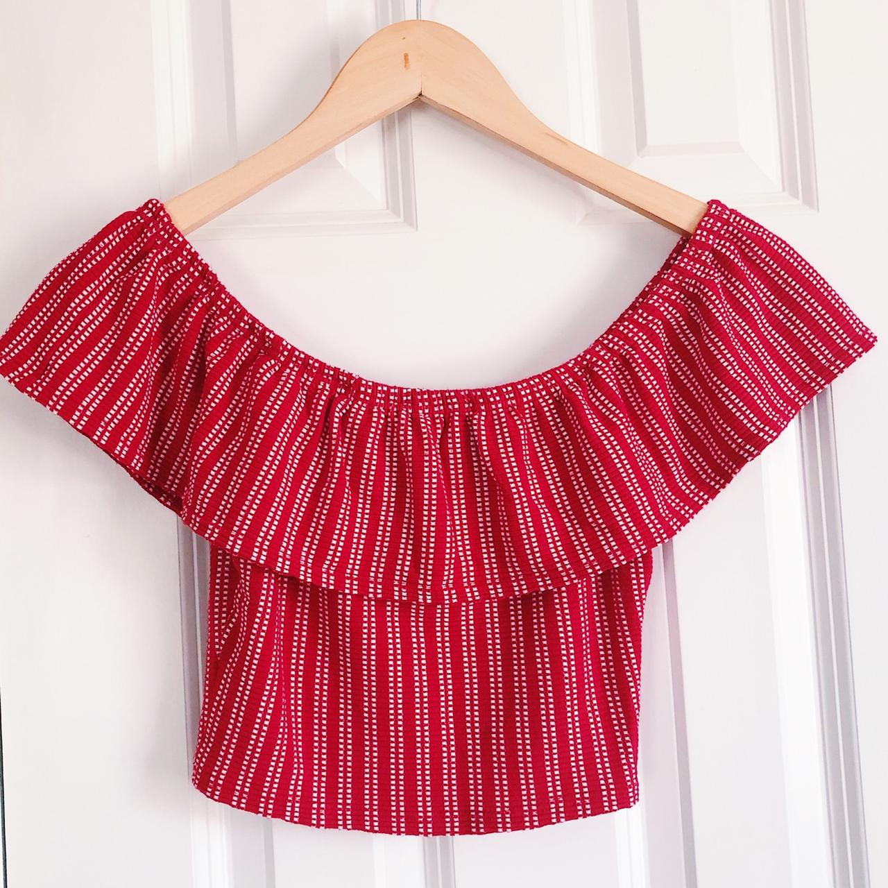 Miss Selfridge Women's Red and White Crop-top | Depop