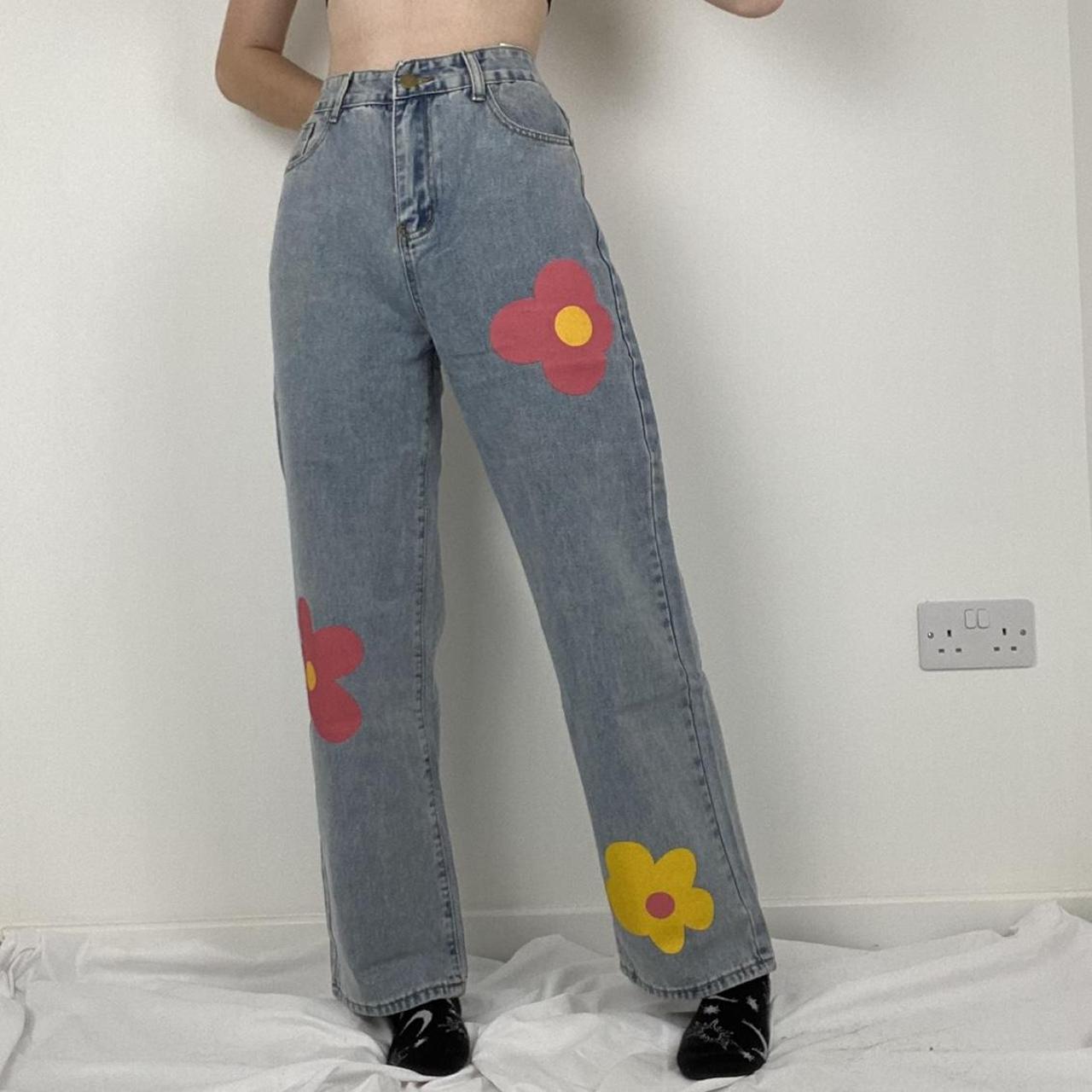 high waisted floral patterned straight leg jeans... - Depop