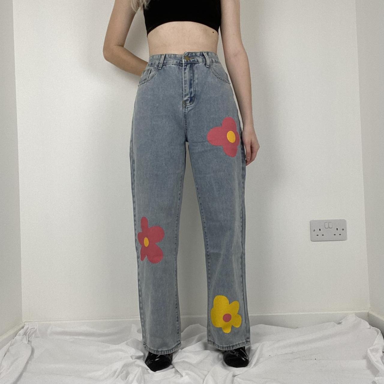 high waisted floral patterned straight leg jeans... - Depop