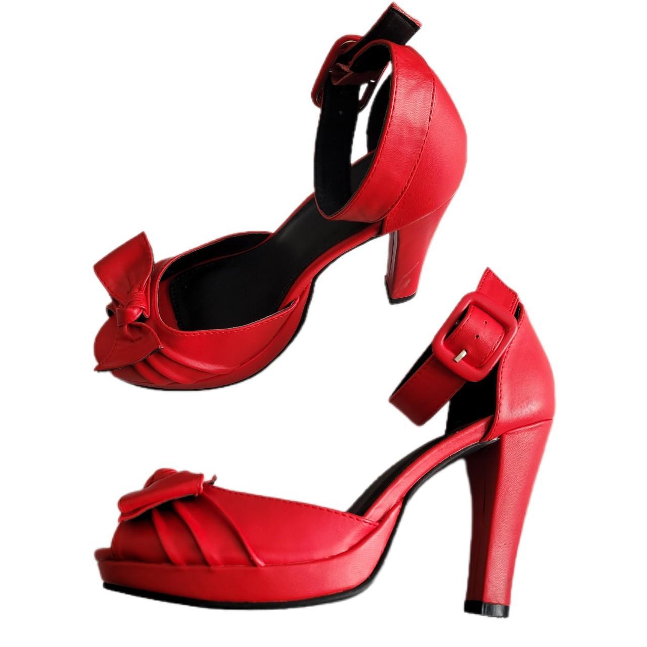 Cutest TUK retro heels! Red faux leather. Peep toe... - Depop