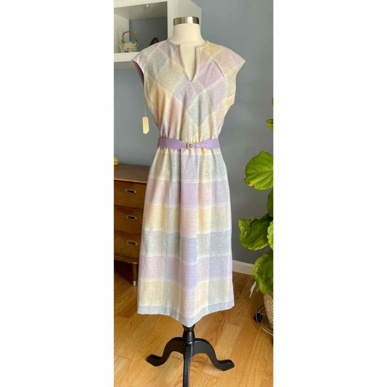 Vtg 70s Leslie Fay Pastel Plaid Wool Midi Dress... - Depop