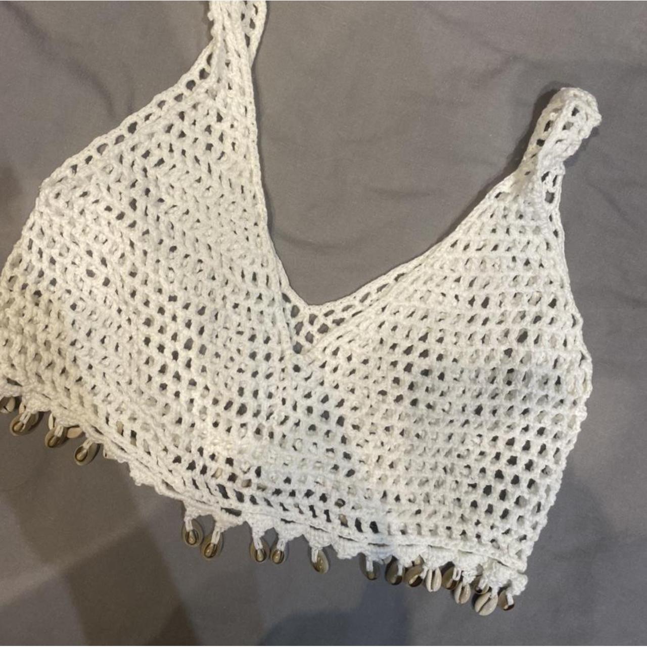 White crochet crop top cover up with shell details.... - Depop