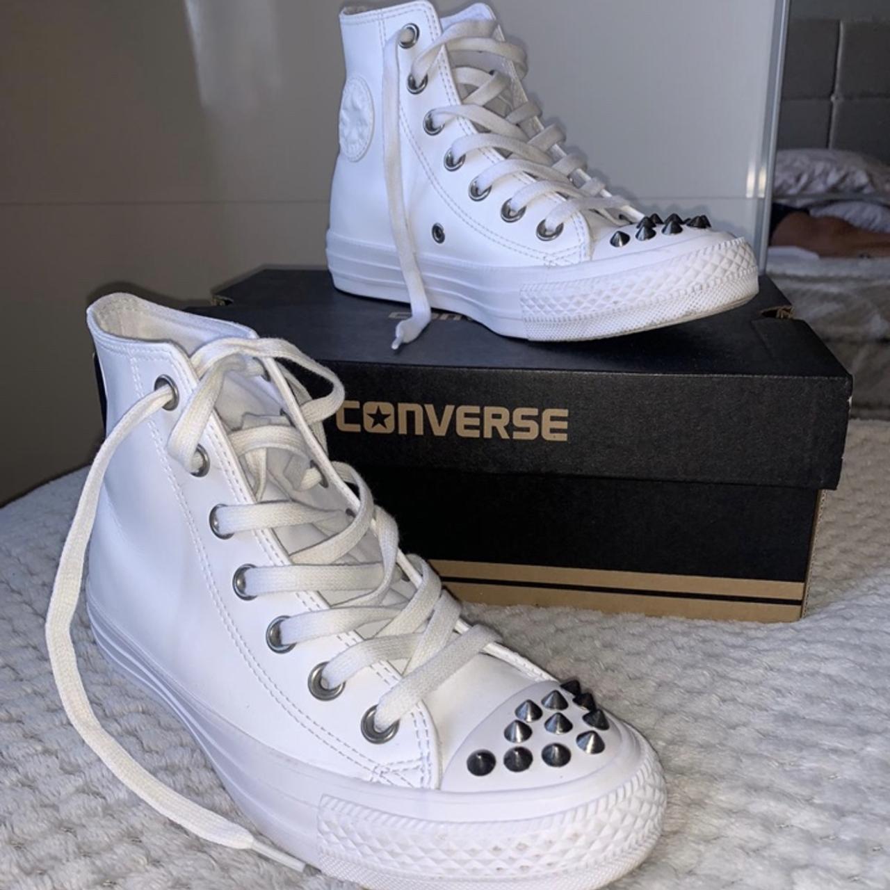 Converse white leather high top with spikes Size... - Depop