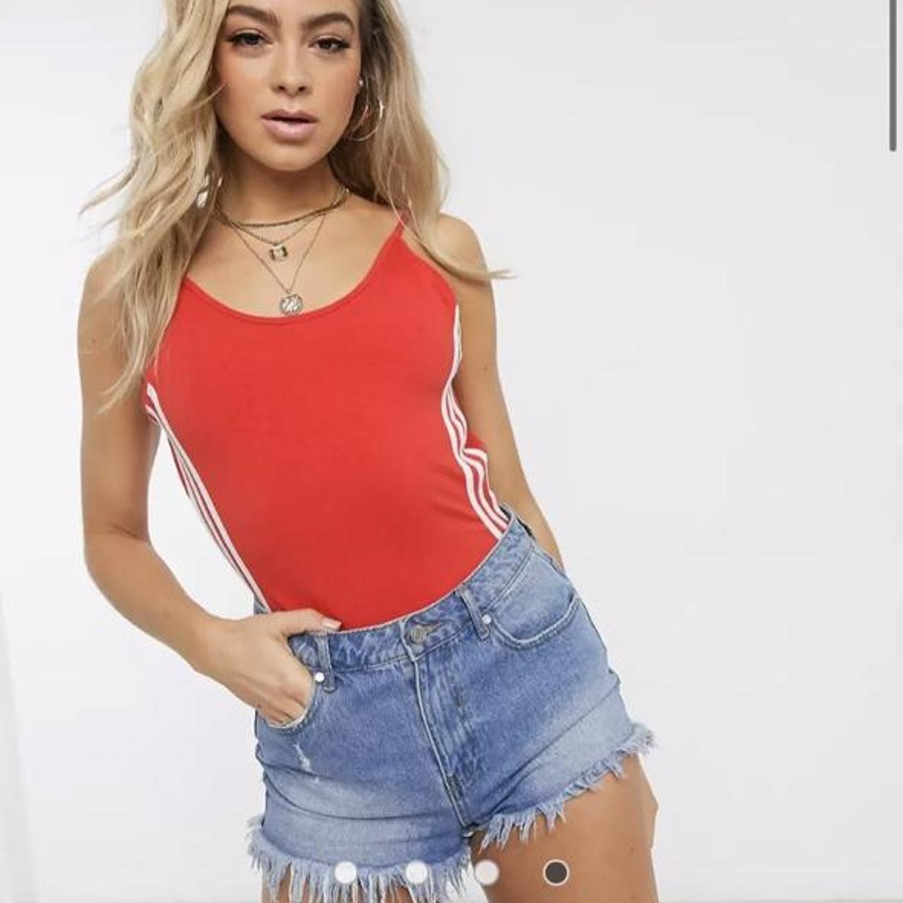 adidas Originals three stripe body in red size 6... - Depop
