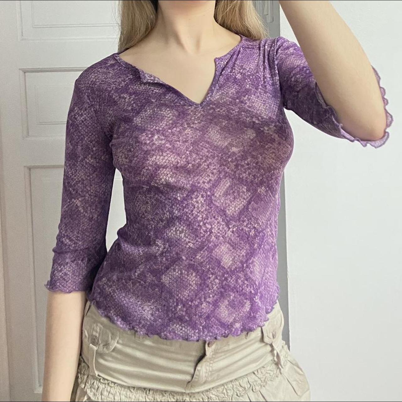 90s purple snakeskin print semi sheer mesh top w... - Depop