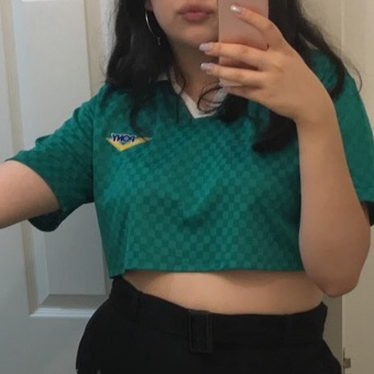 F21 x Pony collab Green Checkered Collared Crop... - Depop