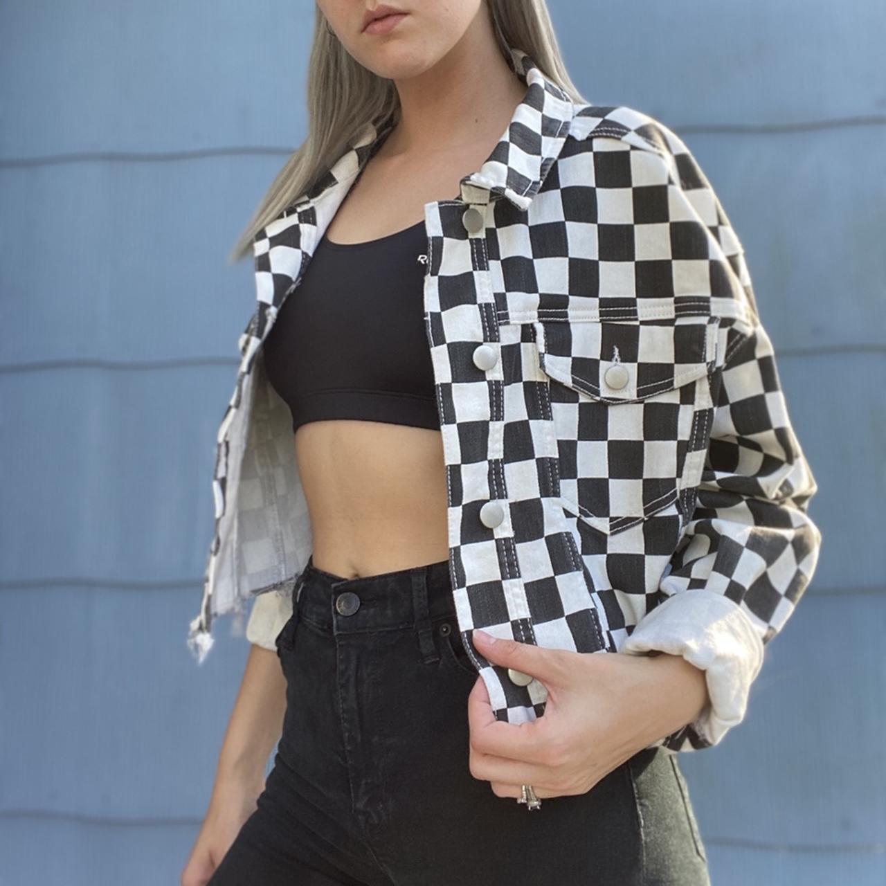Checkered denim cropped jacket 🐼 . . FREE SHIPPING - Depop