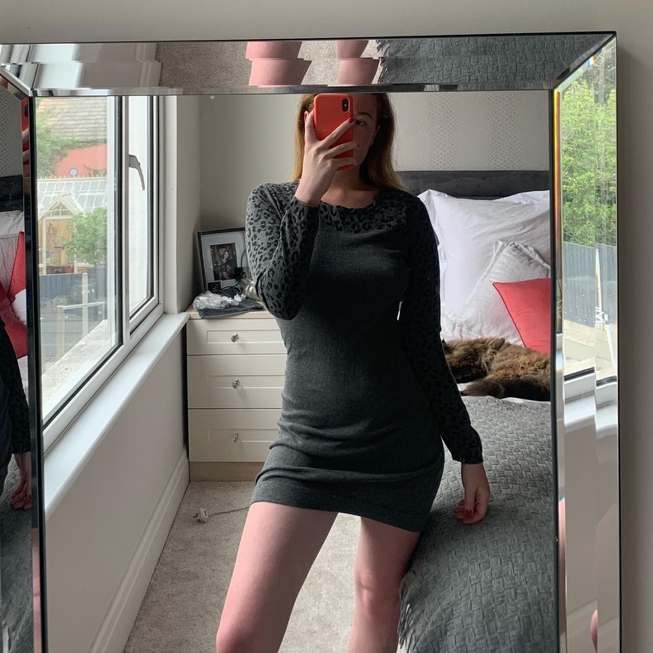 Mango grey knit dress with animal print, size small... - Depop