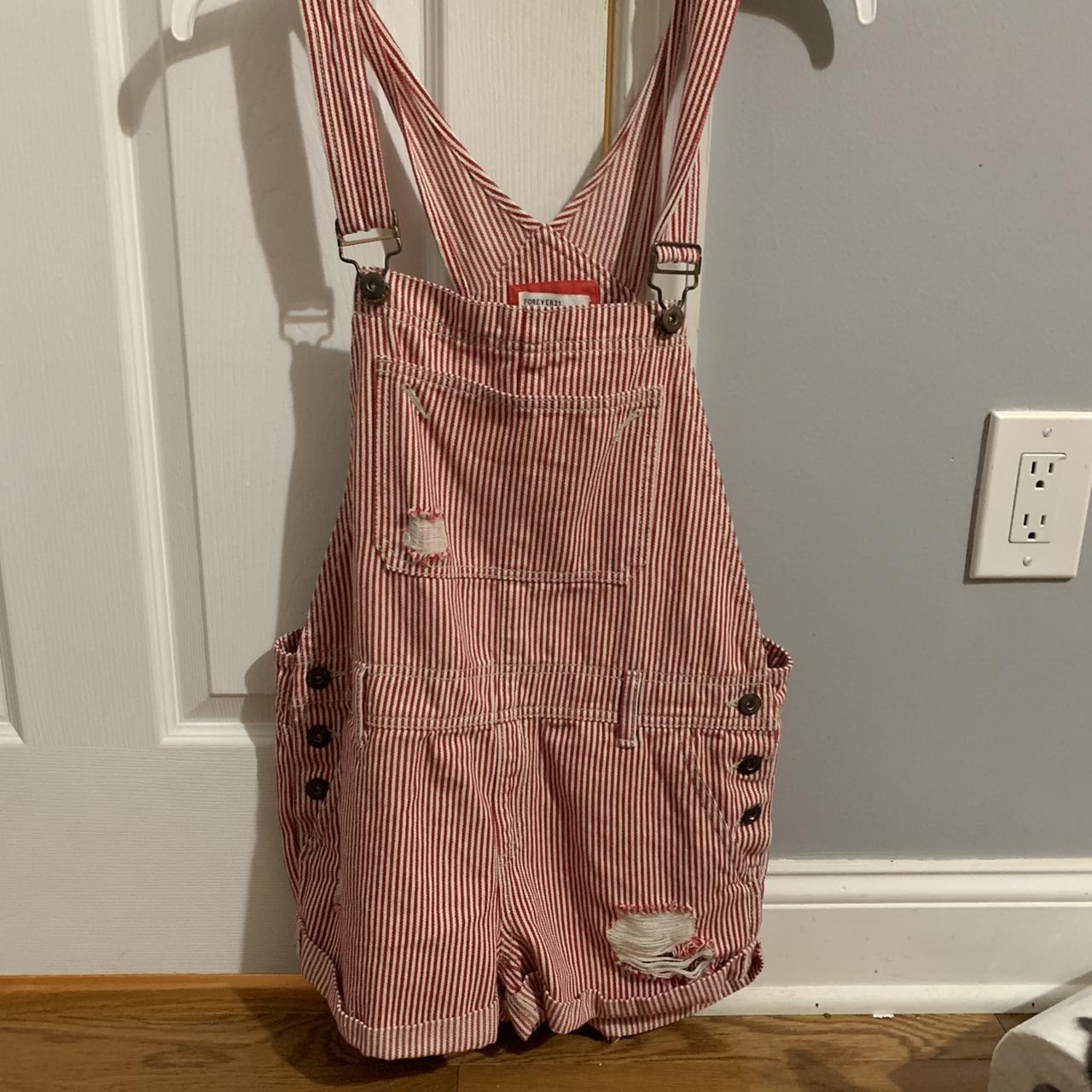 Adorable red and white striped short overalls! I... - Depop