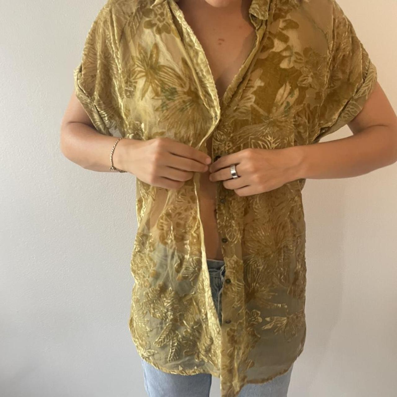 Ecoté yellow velvet short sleeve button up Size... - Depop