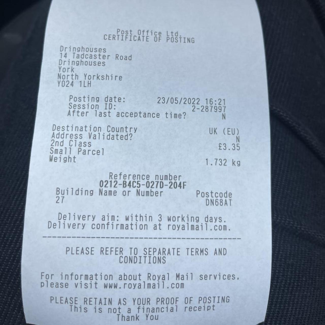 Postage receipt for boots | Depop