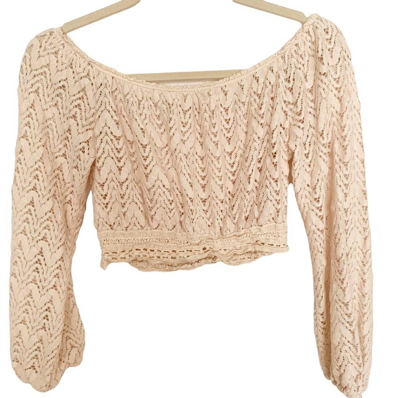 Solemio Cream Lace Off The Shoulder Crop Top... - Depop