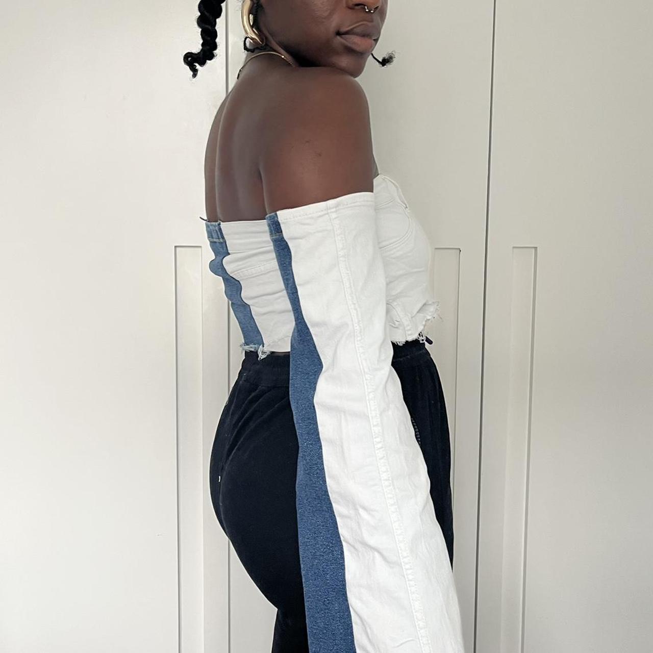 White and blue contrast flare sleeve crop top; blue... - Depop