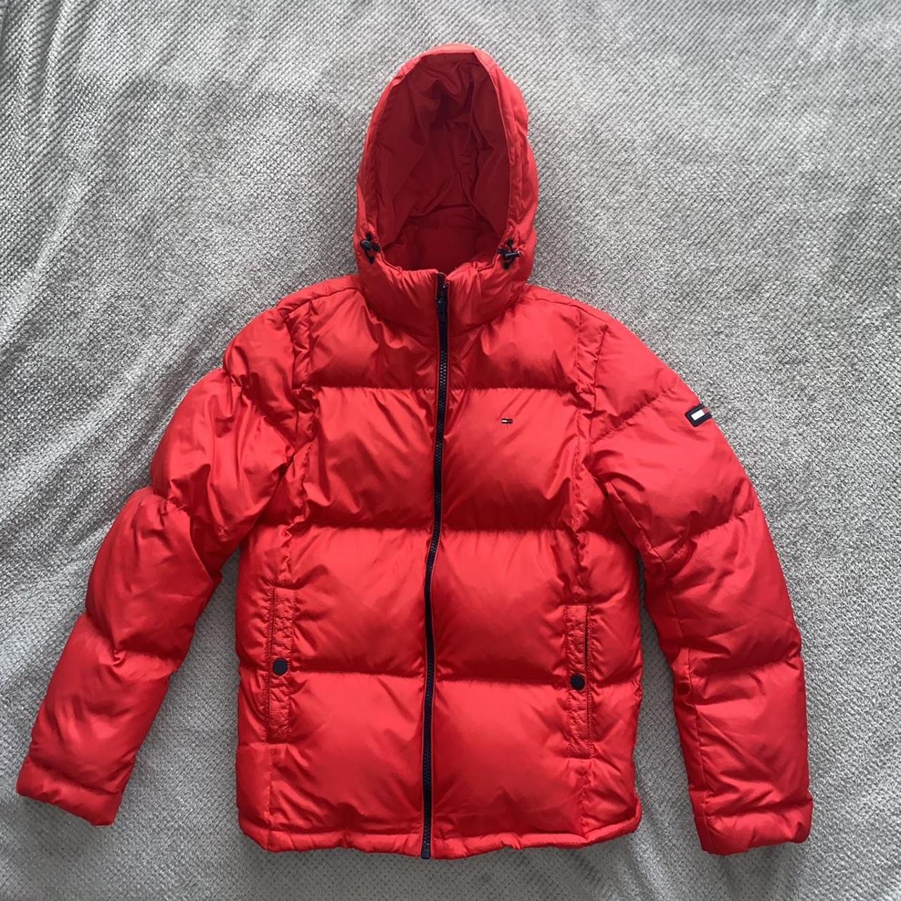 Tommy Hilfiger puffer jacket in red Size: M Great... - Depop