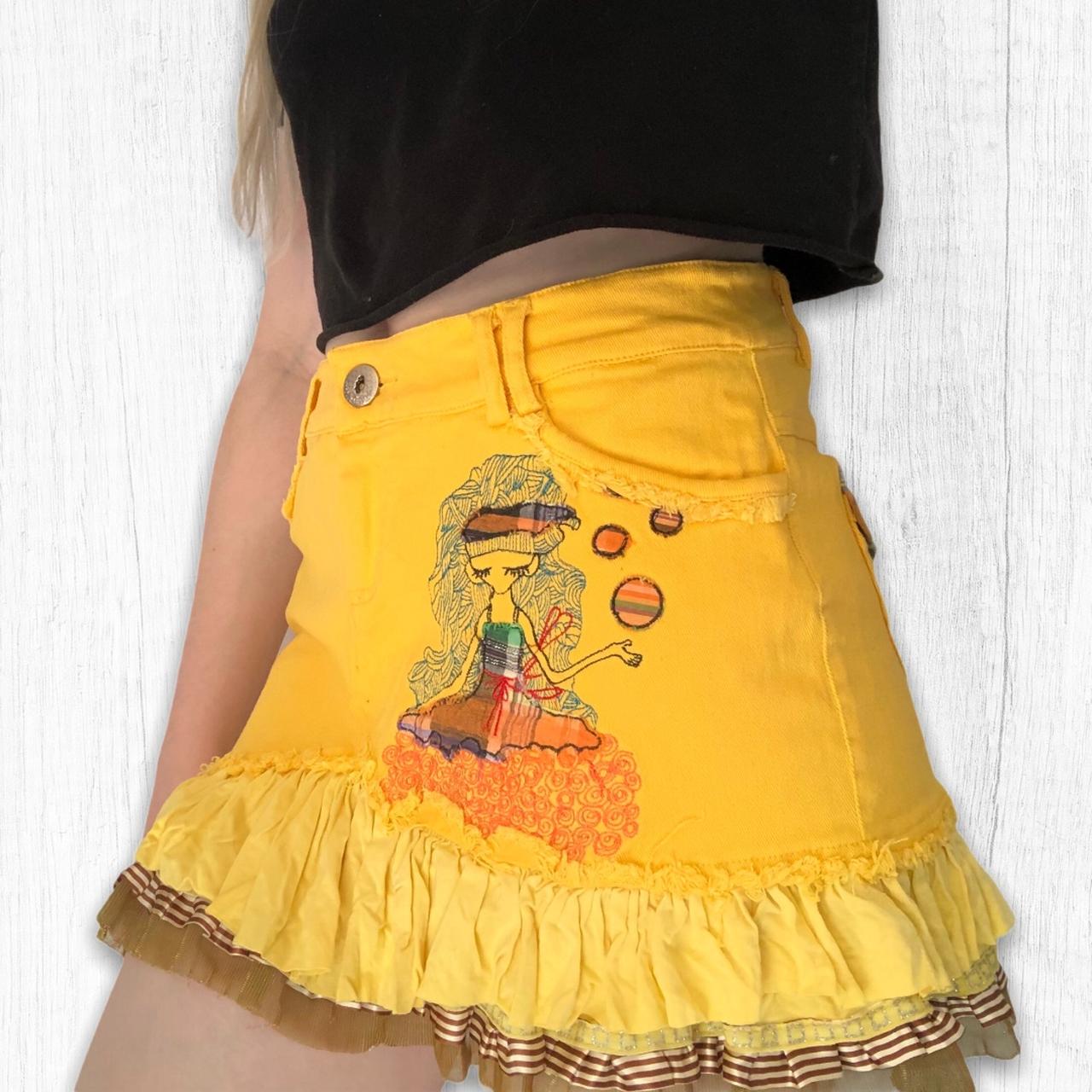 The Cutest Y2k Yellow Denim Pleated Mini... - Depop