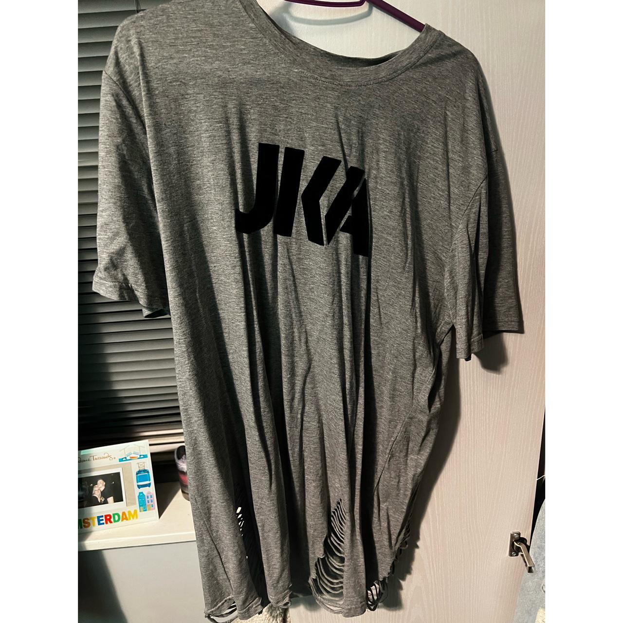 Grey JKA ripped longline T-shirt size small Used... - Depop