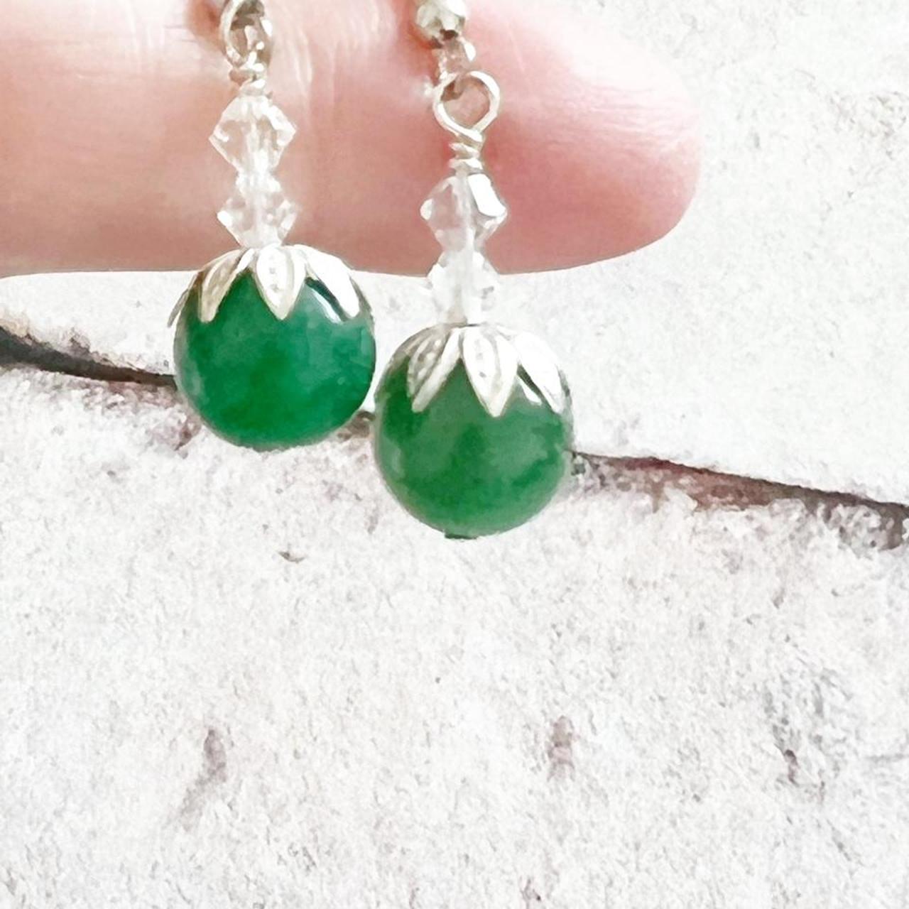 Pair of aventurine & clear bicone drop dangle... - Depop