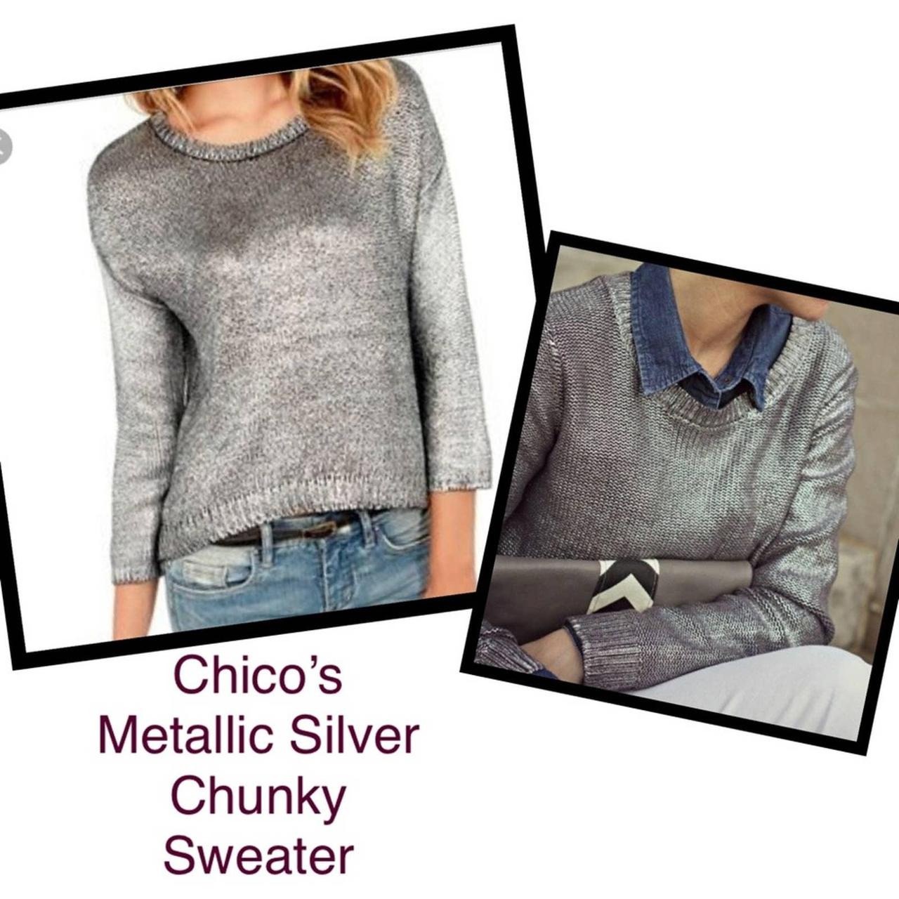 Chico’s Metallic Silver Cotton crew neck sweater... - Depop